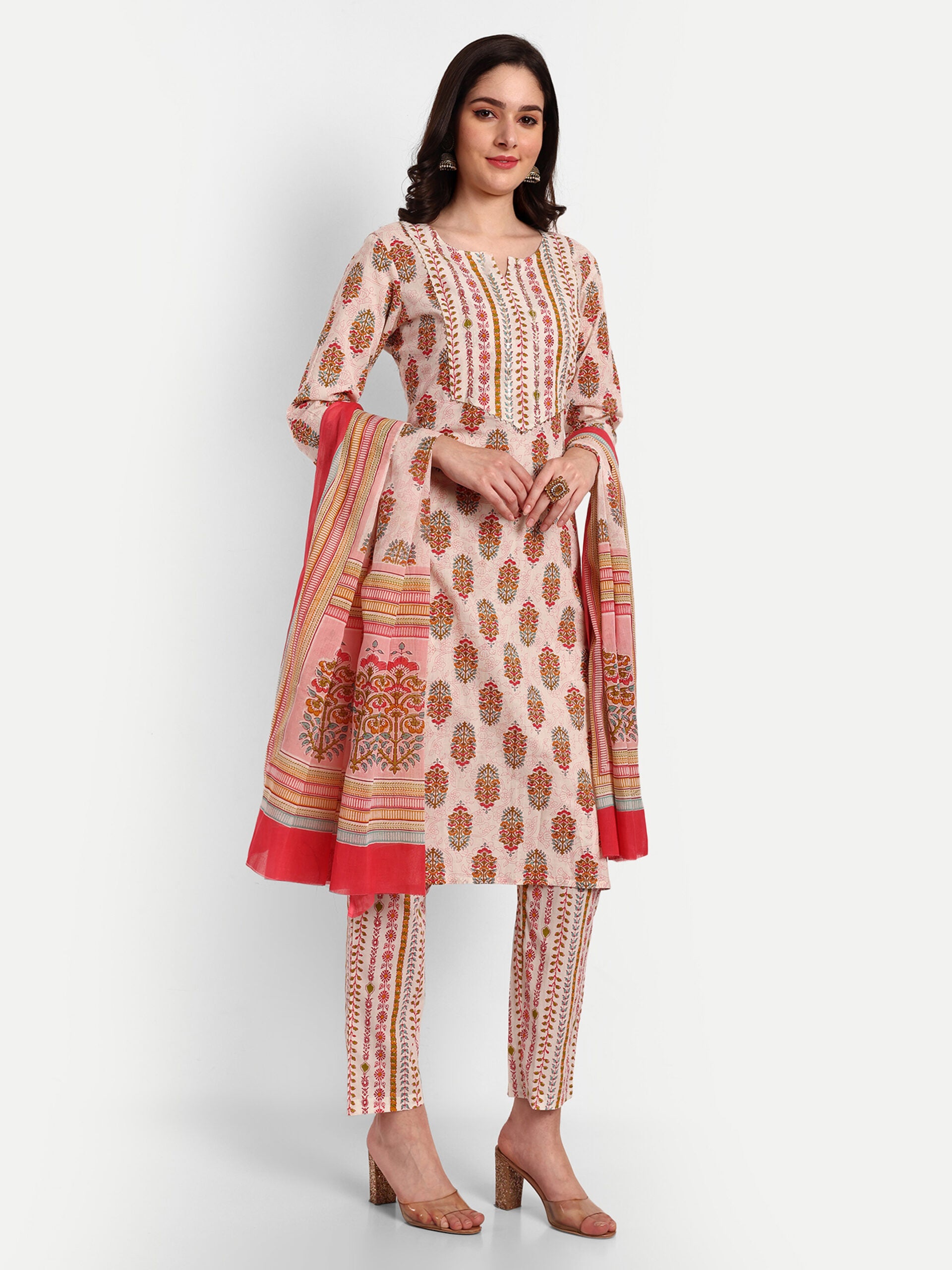 Rose Pink Cotton Kurti Pant Set with Dupatta – Nunchii